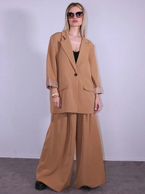 Σετ κοστούμι κάμελ oversize παντελόνα φαρδιά και σακάκι